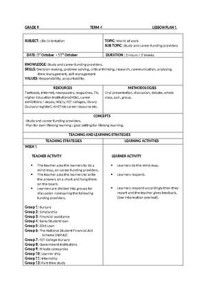 Grade 9 Term 4 Lesson Plan 4 - GRADE 9 TERM 4 LESSON PLAN 4 SUBJECT ...