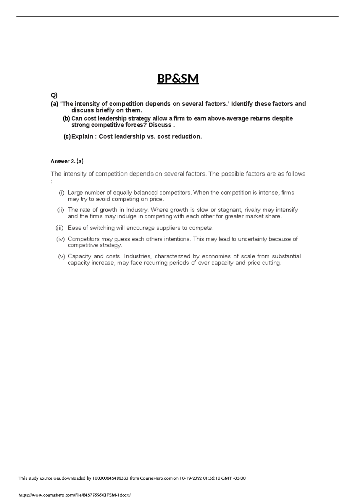 BPSM 1 - Ppt - BP&SM Q) (a) ‘The intensity of competition depends on several factors.’ Identify ...