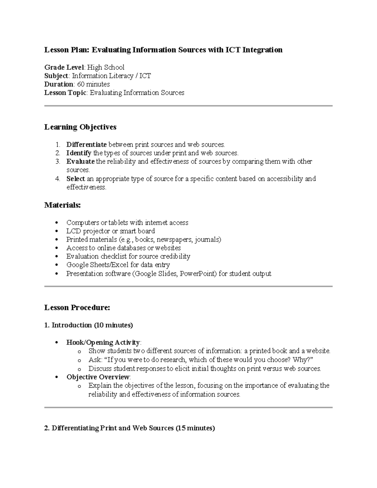 Lesson Plan- COT1 - Lesson Plan: Evaluating Information Sources with ...