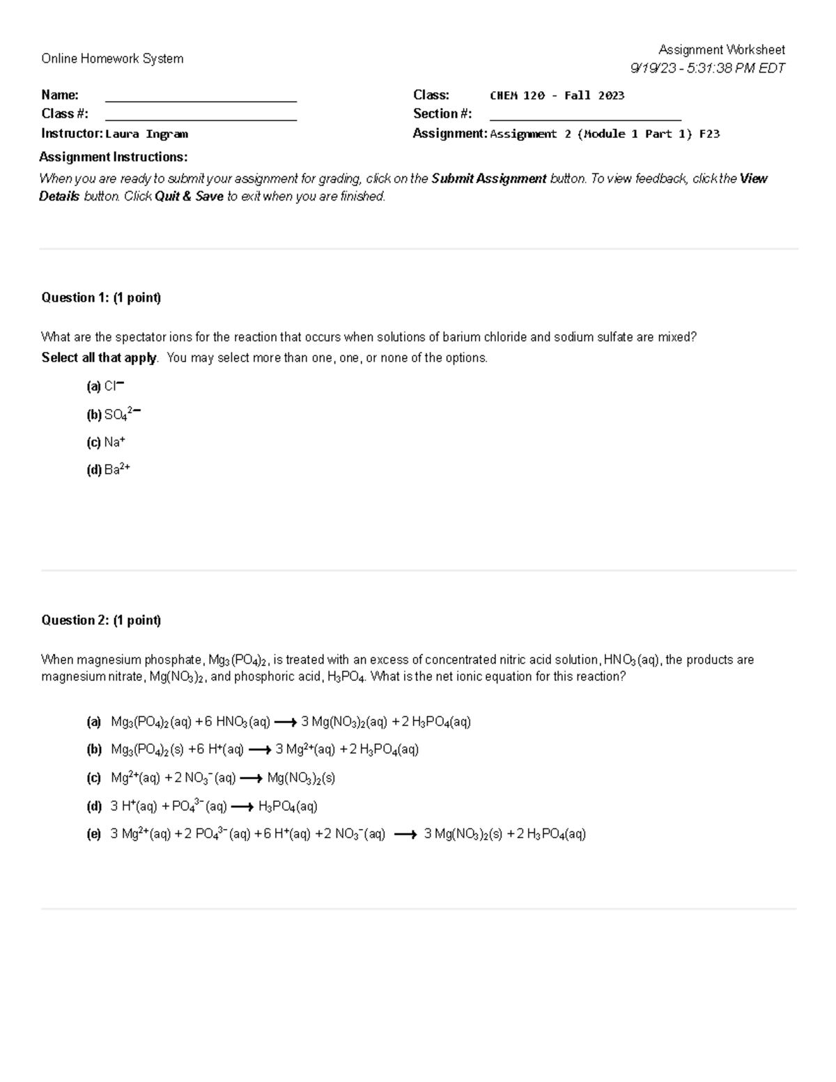 Assignment 1 - chem 120 - Online Homework System Assignment Worksheet 9 ...