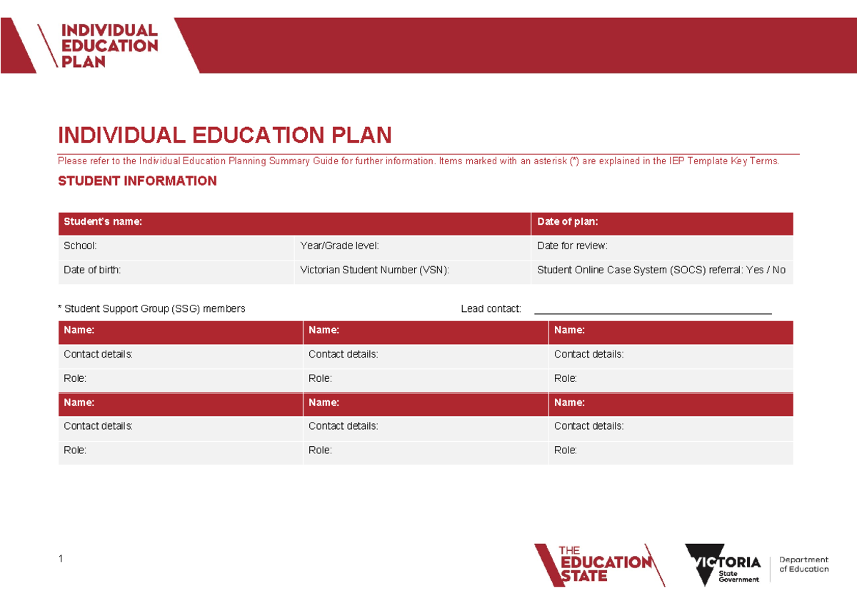 Iep-template - IEP - INDIVIDUAL EDUCATION PLAN Please refer to the ...