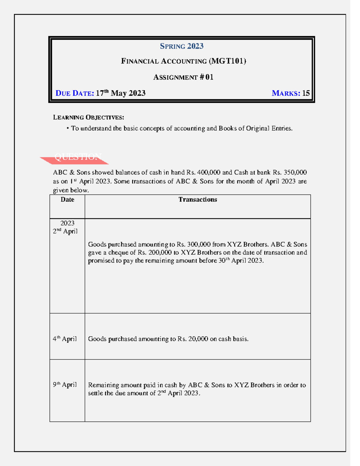 Sample mgt101 - financial accounting I assignment solution - SPRING ...