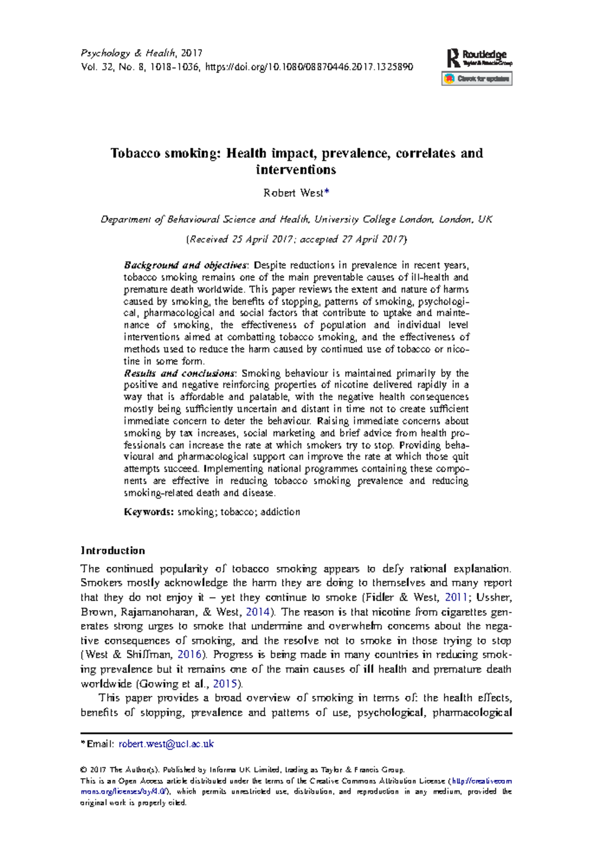 research document - Tobacco smoking: Health impact, prevalence ...