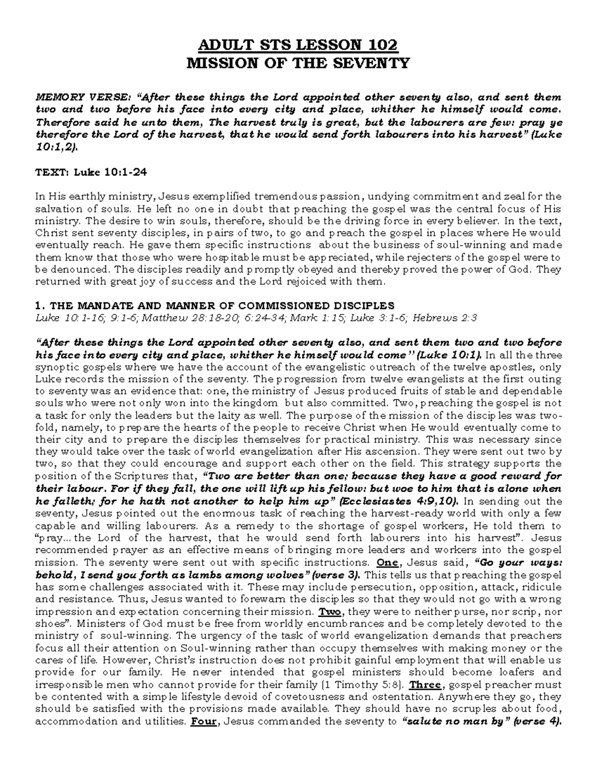 Adult STS Lesson 102 - Mission OF THE Seventy - ADULT STS LESSON 102 MISSION OF THE SEVENTY ...