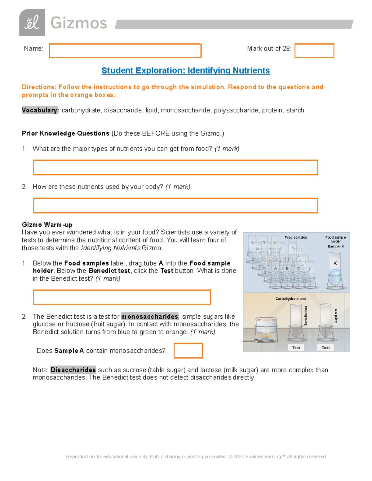 Identifying Nutrients in Digestion - Name: Mark out of 28: Student ...