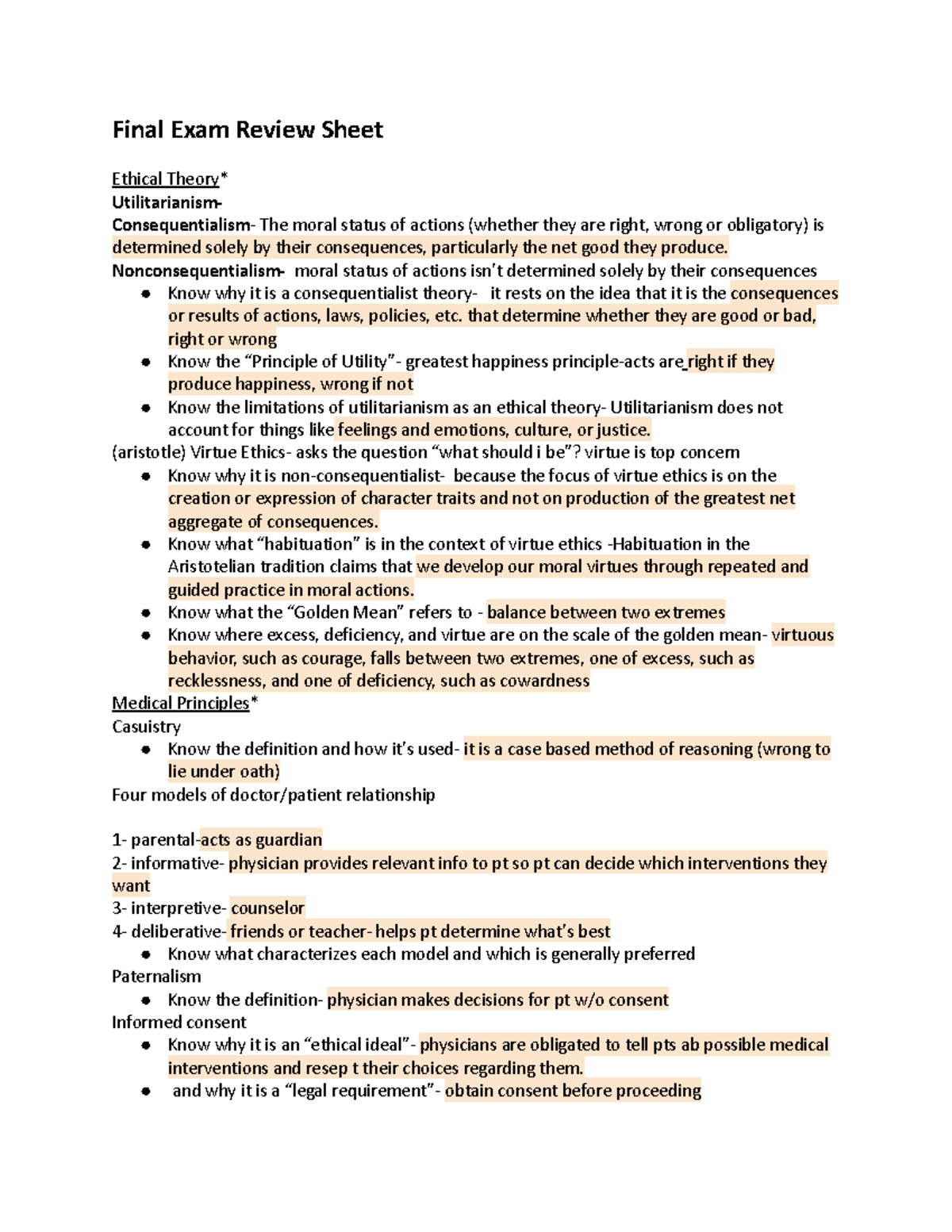 PHL 318 Final Exam Review Sheet-2 - Final Exam Review Sheet Ethical ...