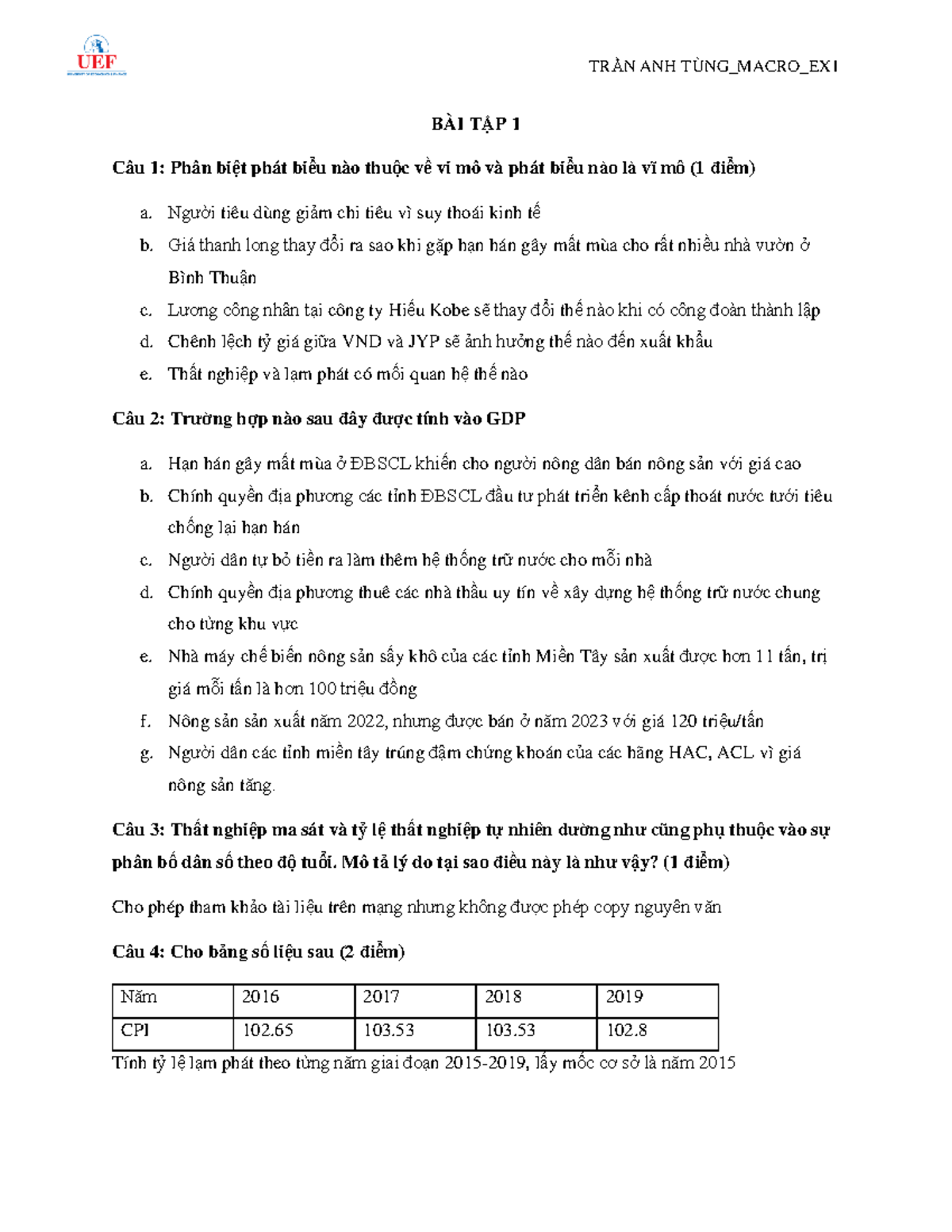 UEF Macro EX1 2022-2023 - TRẦN ANH TÙNG_MACRO_EX BÀI TẬP 1 Câu 1: Phân biệt phát biểu nào thuộc ...