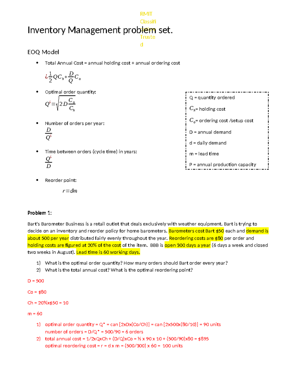 EOQ Model Solutions - Classifi cation: Truste d Inventory Management ...