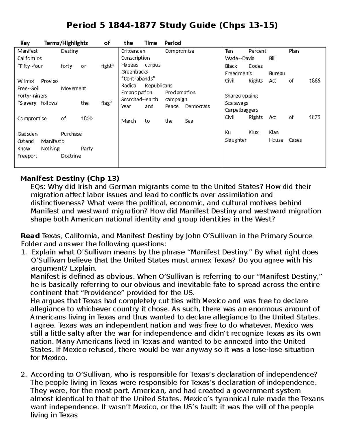 Docx - Lecture notes 1 - Period 5 1844-1877 Study Guide (Chps 13-15 ...