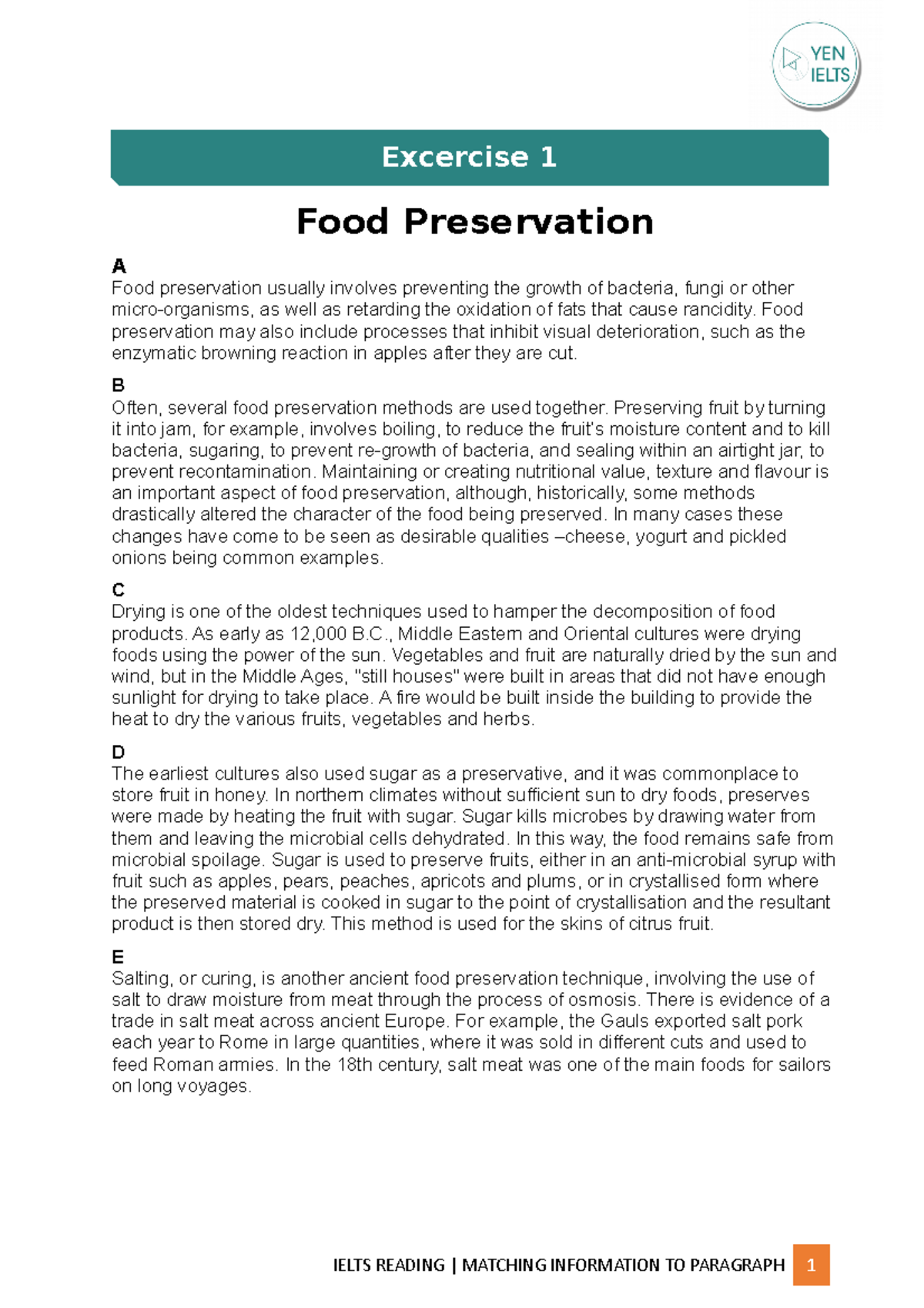 Reading Matching info Exercises ( Final) - Food Preservation A Food ...