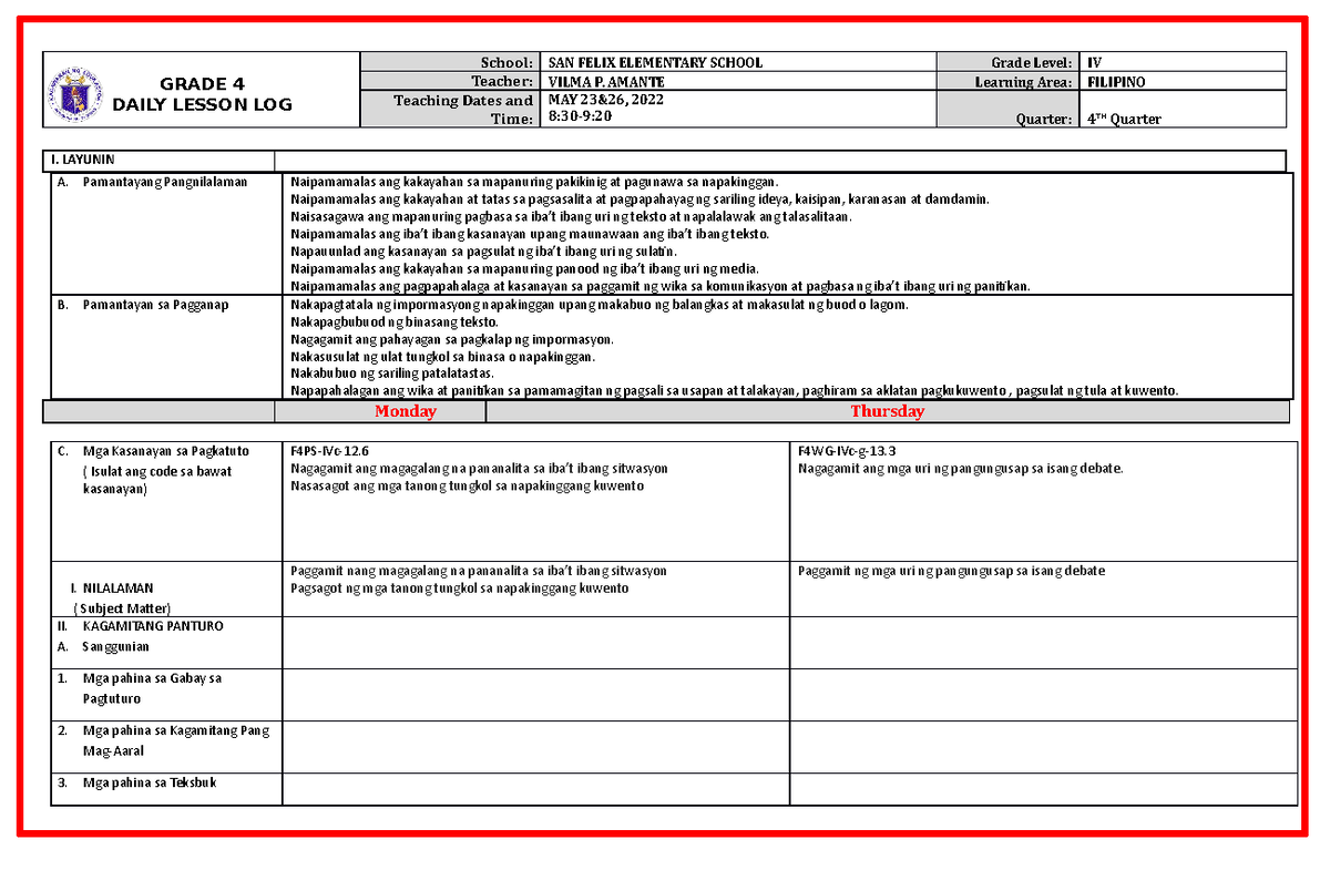 Grade 4 DLL Filipino 4 Q4 Week 3 - GRADE 4 DAILY LESSON LOG School: SAN ...