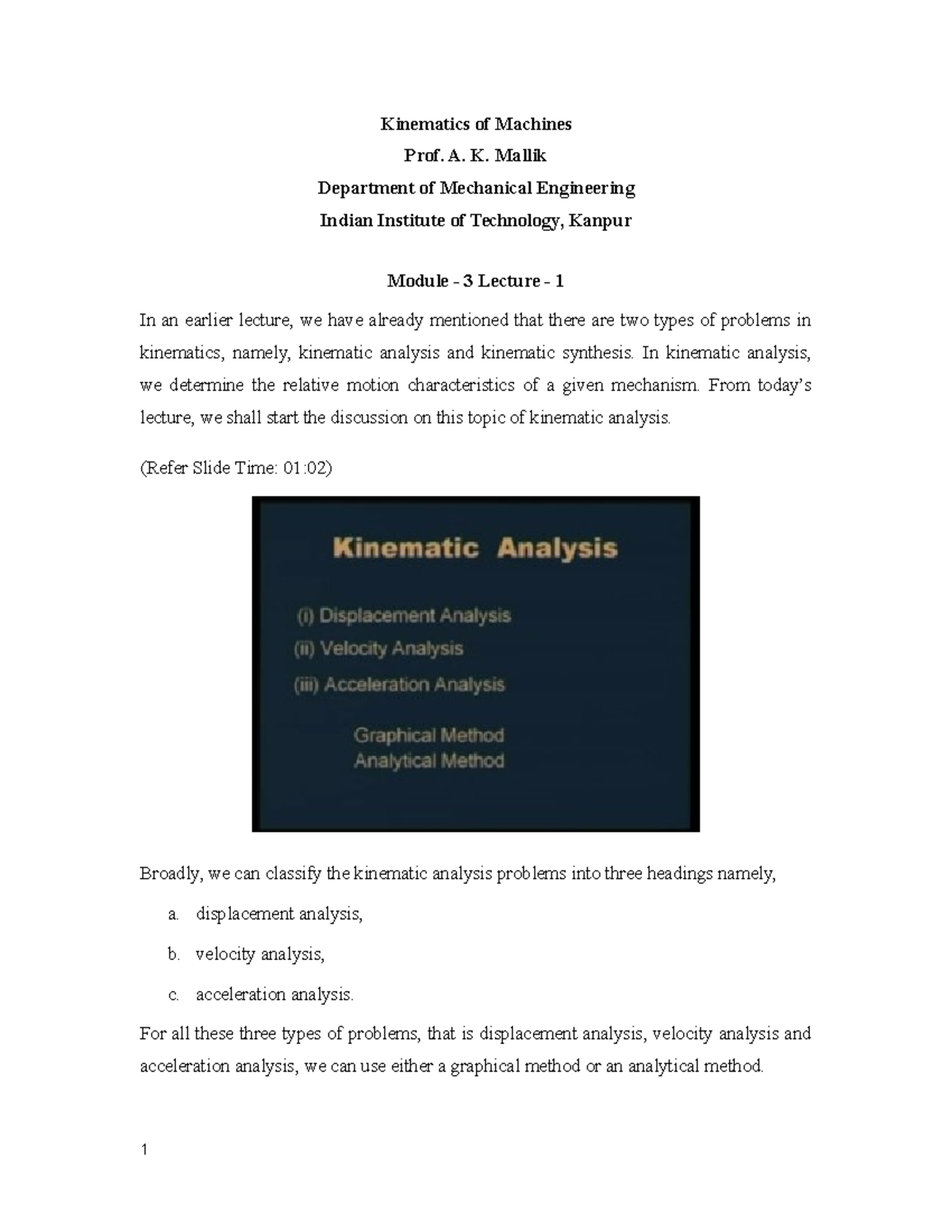 Lec7 - Lecture notes 7 - Kinematics of Machines Prof. A. K. Mallik ...