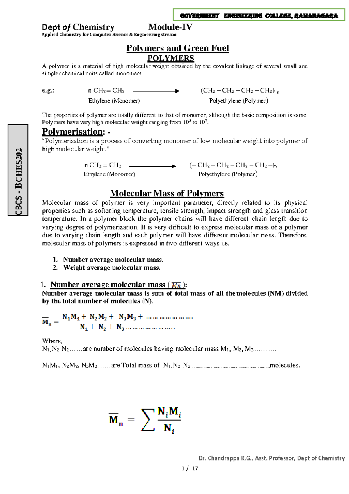 Module-4 Polymers and Green Fuels - Dept of Chemistry Module-IV Applied ...