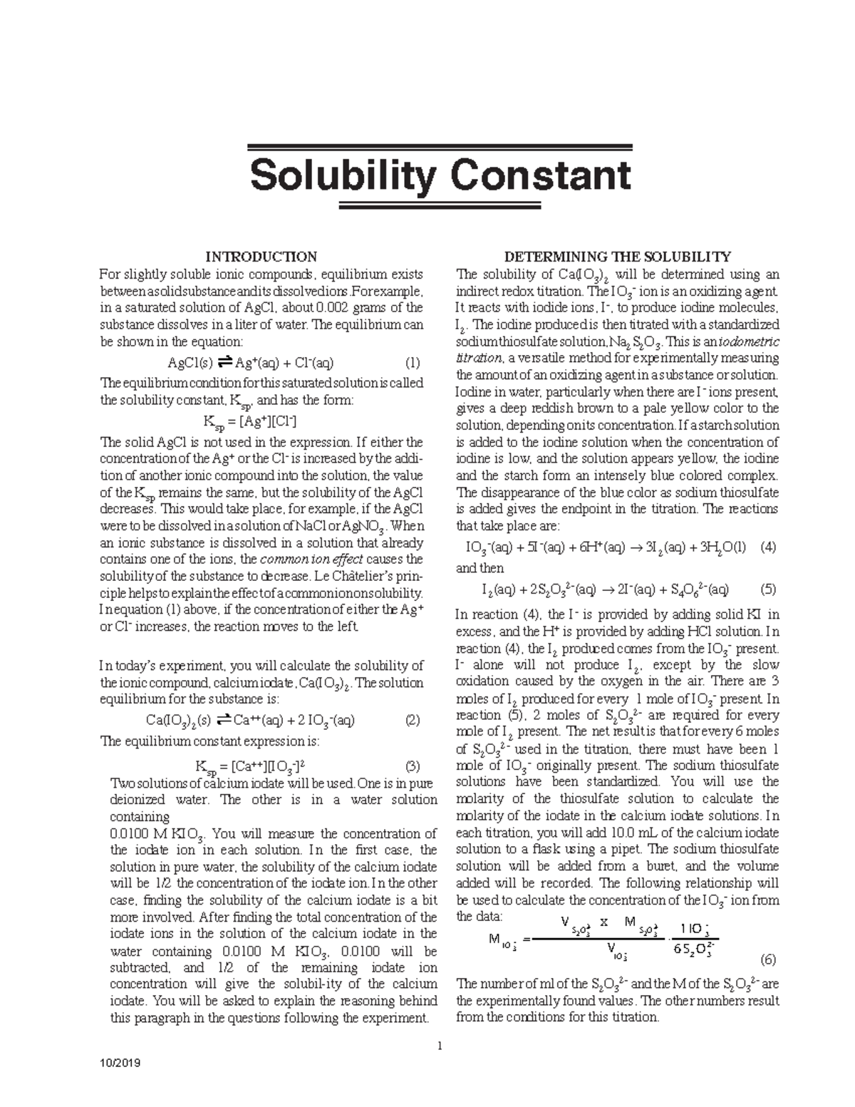 16. Solubility Constant 10-19 - 1 Solubility Constant Determining the ...