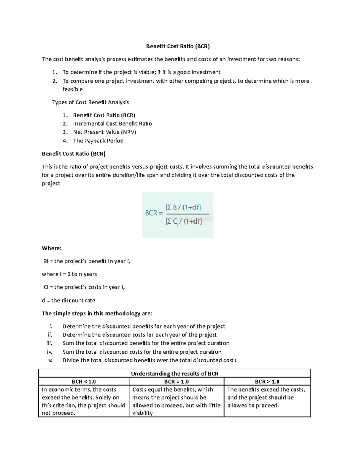 Cost-benefits ratio - summary - Benefit Cost Ratio (BCR) The cost ...