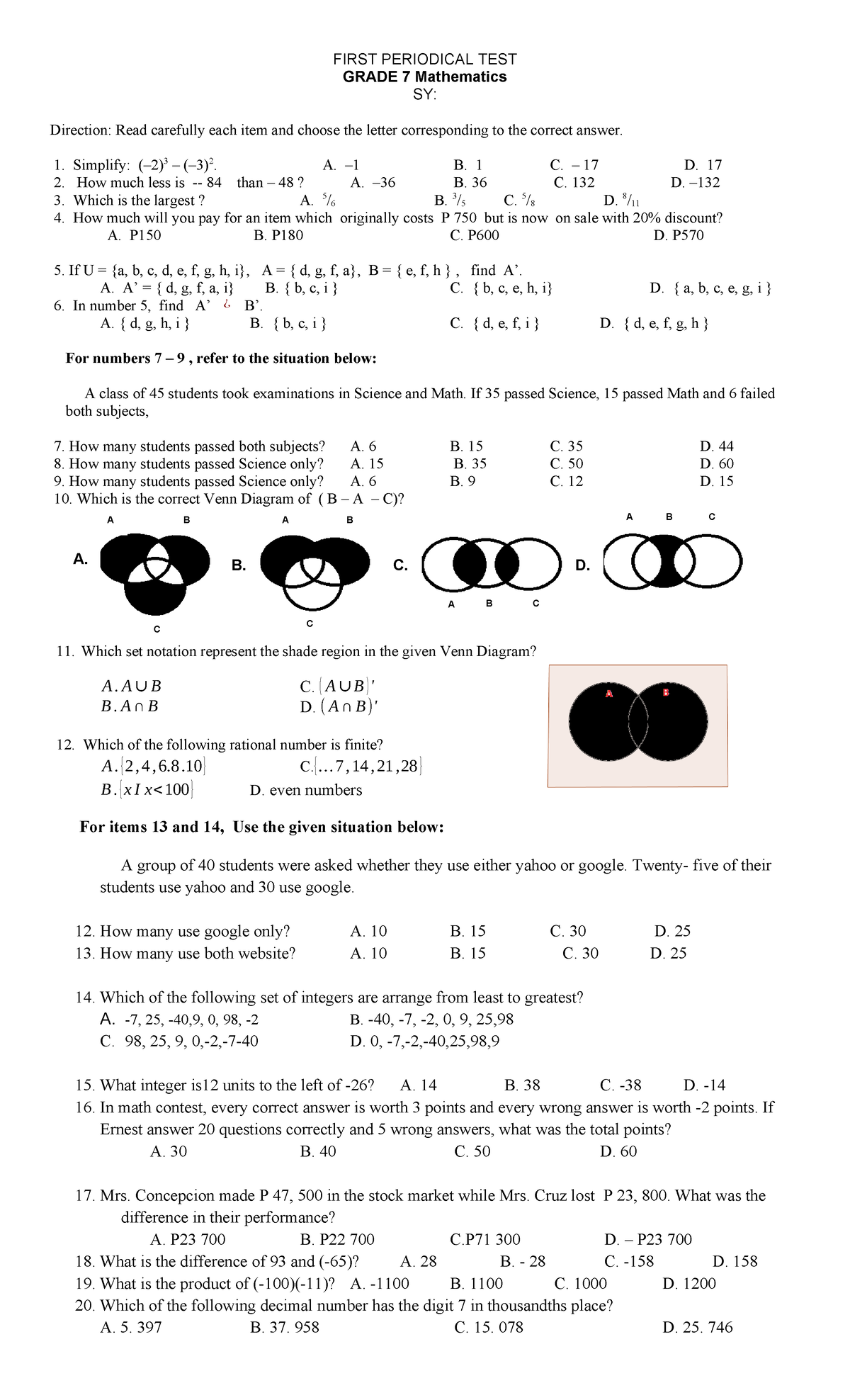 PT Mathematics 7 Q1 - FIRST PERIODICAL TEST GRADE 7 Mathematics SY ...