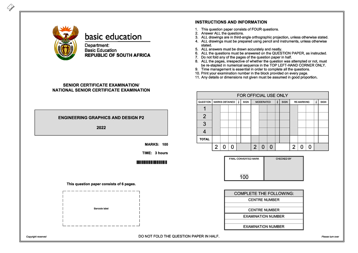 Engineering Graphics & Design P2 - INSTRUCTIONS AND INFORMATION 1. This ...