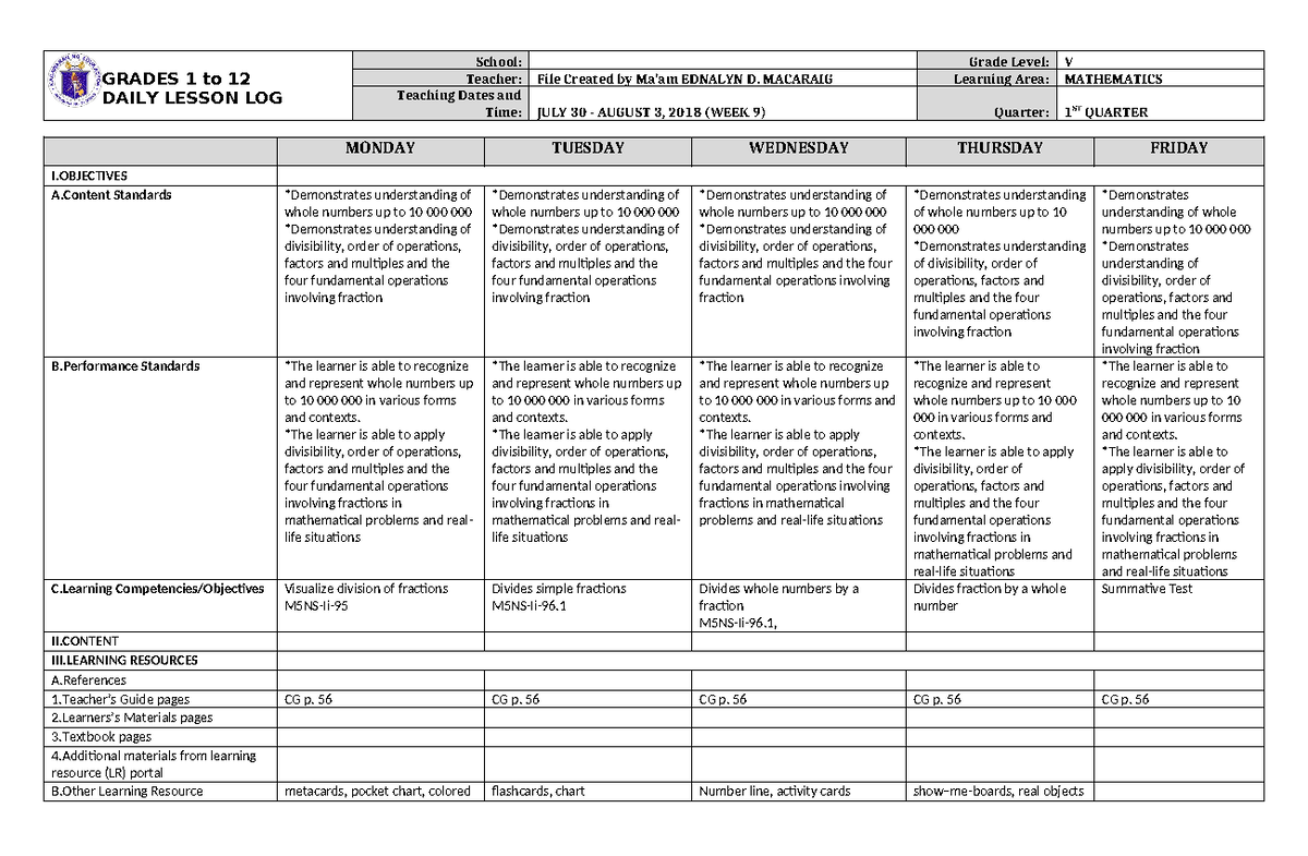 DLL Mathematics 5 Q1 W9 - GRADES 1 to 12 DAILY LESSON LOG School: Grade Level: V Teacher: File ...