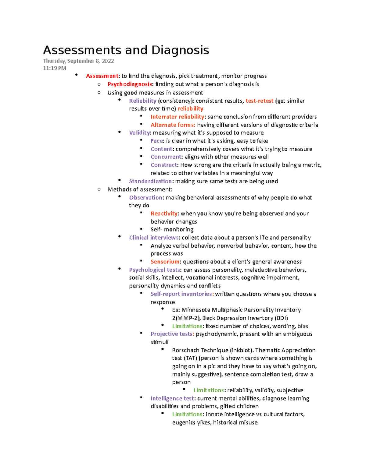 Assessments and Diagnosis - Assessments and Diagnosis Thursday, September 8, 2022 11:19 PM - Studocu