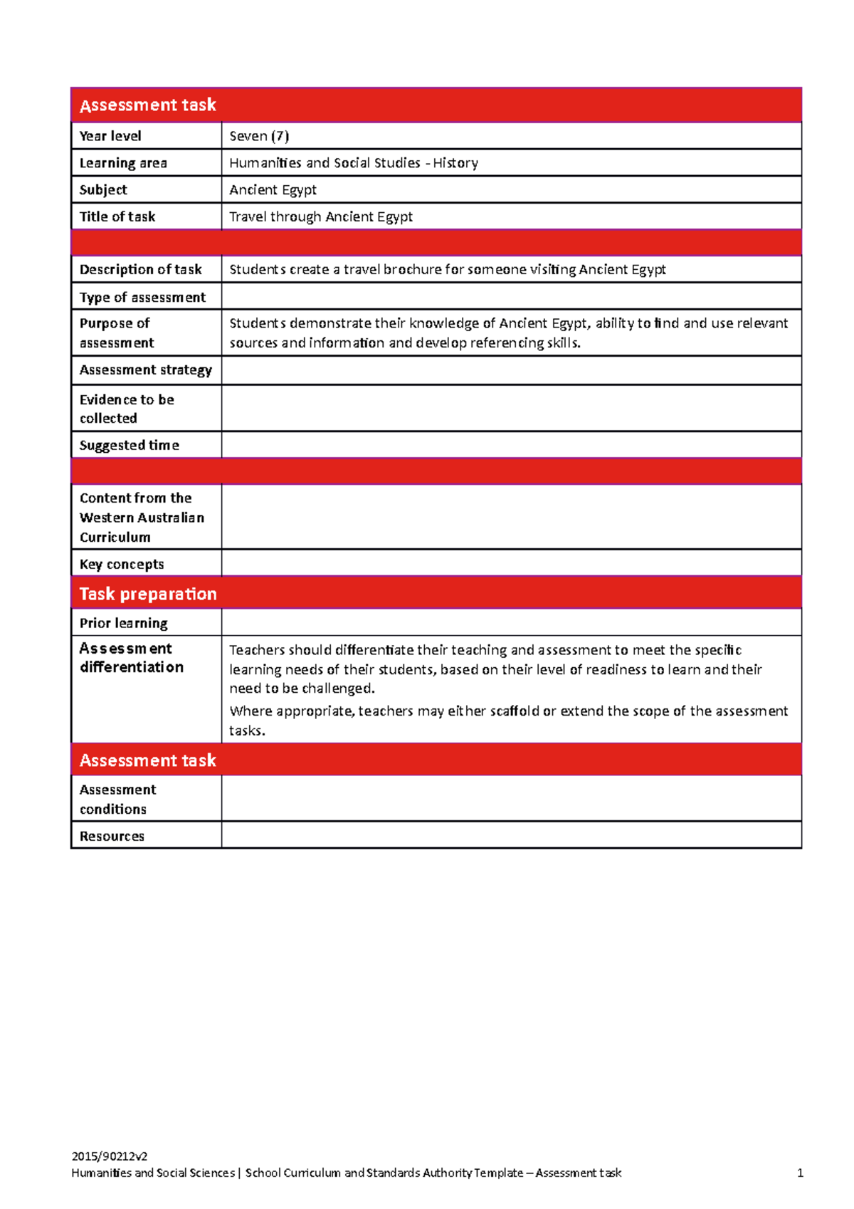 Assignment Planning sheet - Assessment task Year level Seven (7 ...
