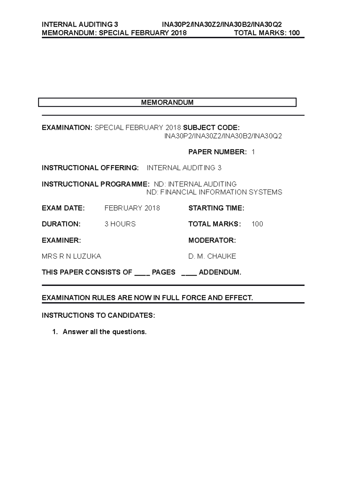 INA30P2 Special Memorandum - MEMORANDUM: SPECIAL FEBRUARY 2018 TOTAL ...