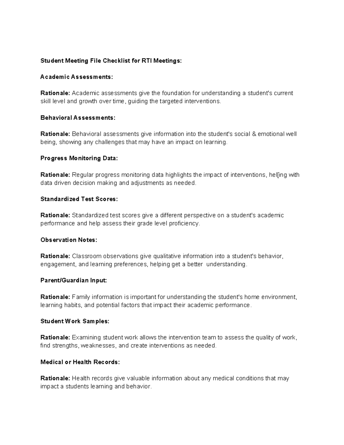 Student Meeting File Checklist for RTI Meetings Email - Student Meeting ...