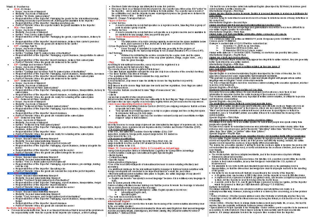 IBUS2003 Cheat Sheet / Memory Aid - Week 4: Incoterms EXW - Ex Works ...