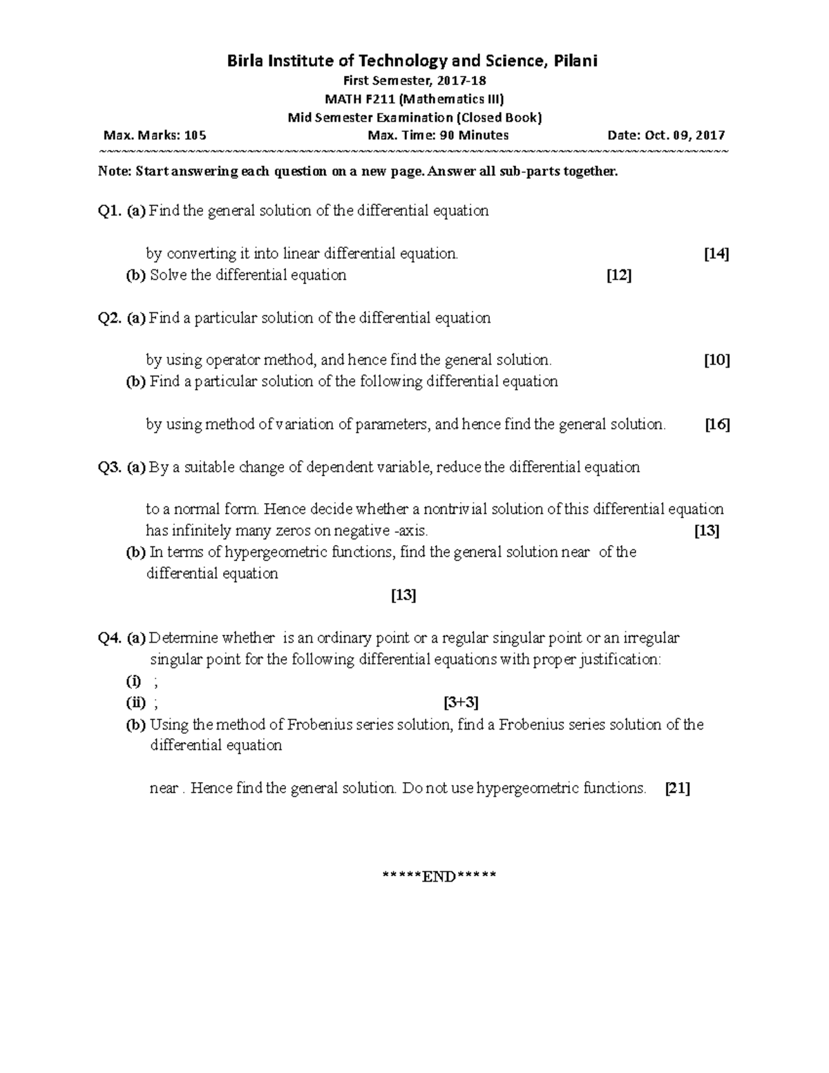 MATH F211 1022 T1 2017 1 - midsem paper - Birla Institute of Technology and Science, Pilani ...