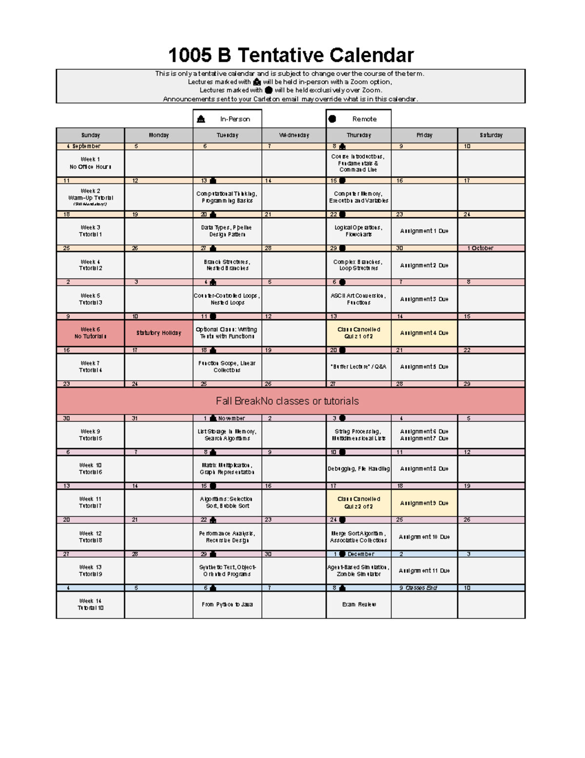 COMP 1005 Tentative Course Calendar - In-Person Remote 4 September 5 6 ...