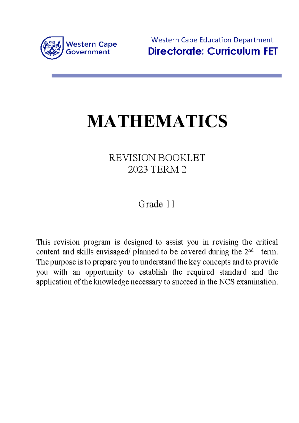 Mathematics Grade 11 Revision Term 2 2023 - MATHEMATICS REVISION ...