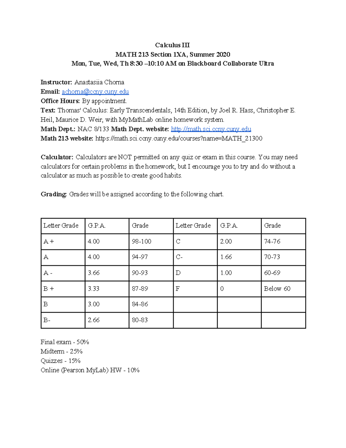 Calculus III Syllabus 1XA - Calculus III MATH 213 Section 1XA, Summer ...
