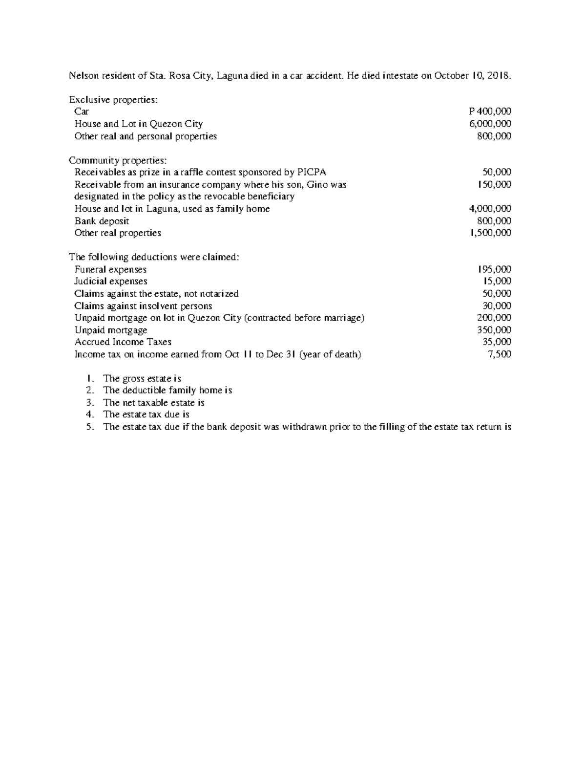 Estate-Tax - Problem Solving - Nelson resident of Sta. Rosa City ...