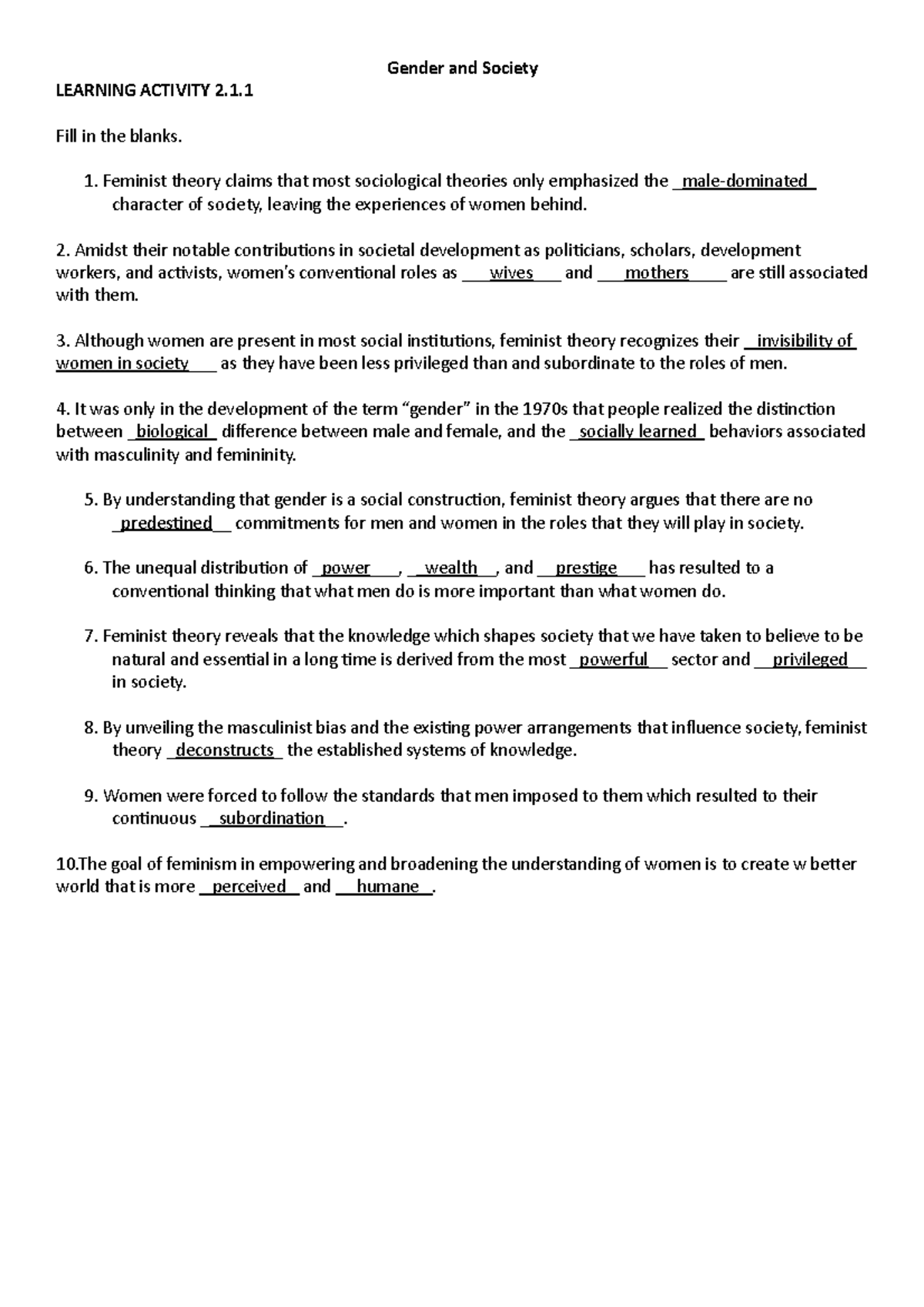 Activity part 1 Feminism - LEARNING ACTIVITY 2.1 Gender and Society ...