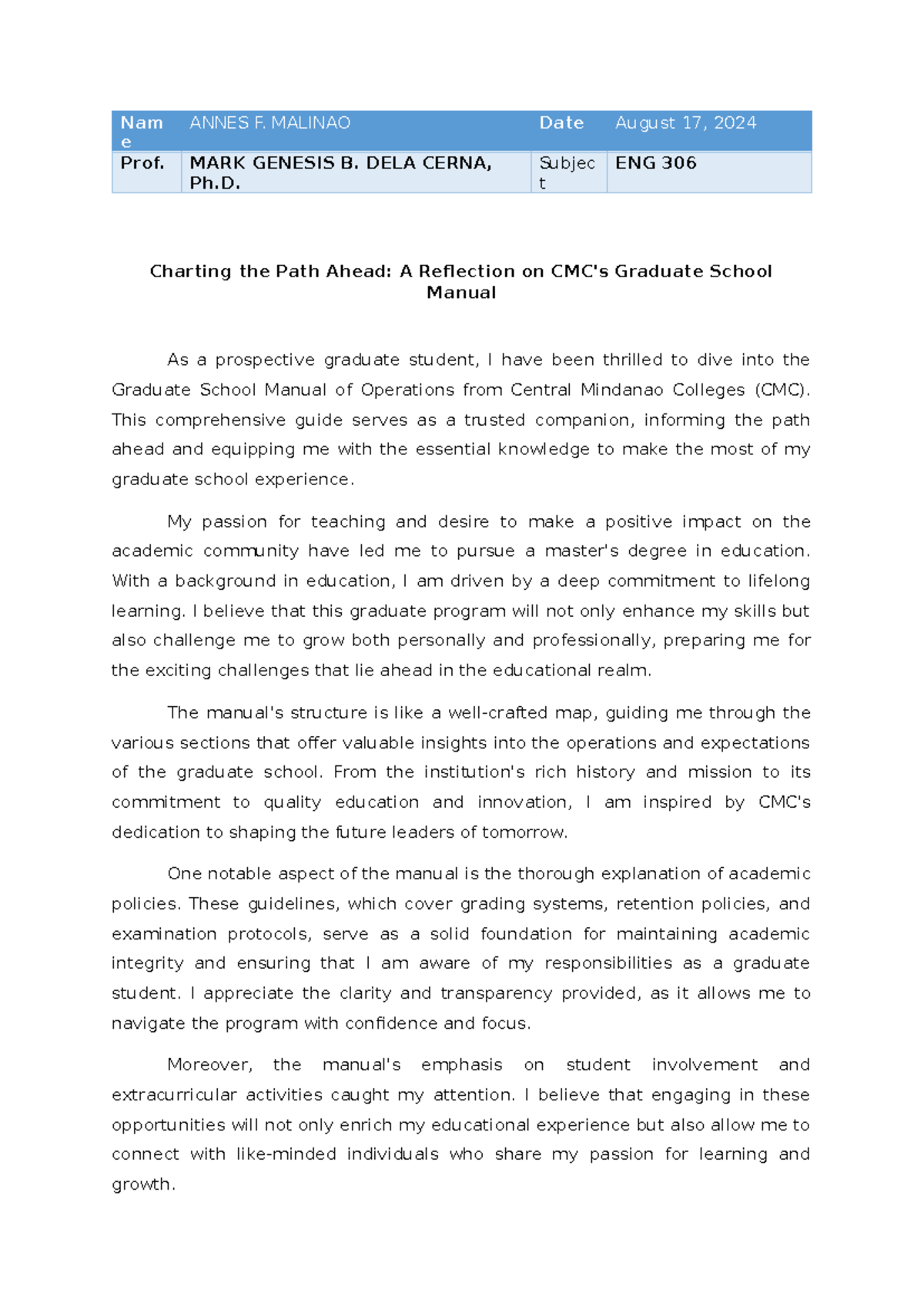 Malinao. GRAD School Manual (Reflection) - Nam e ANNES F. MALINAO Date ...