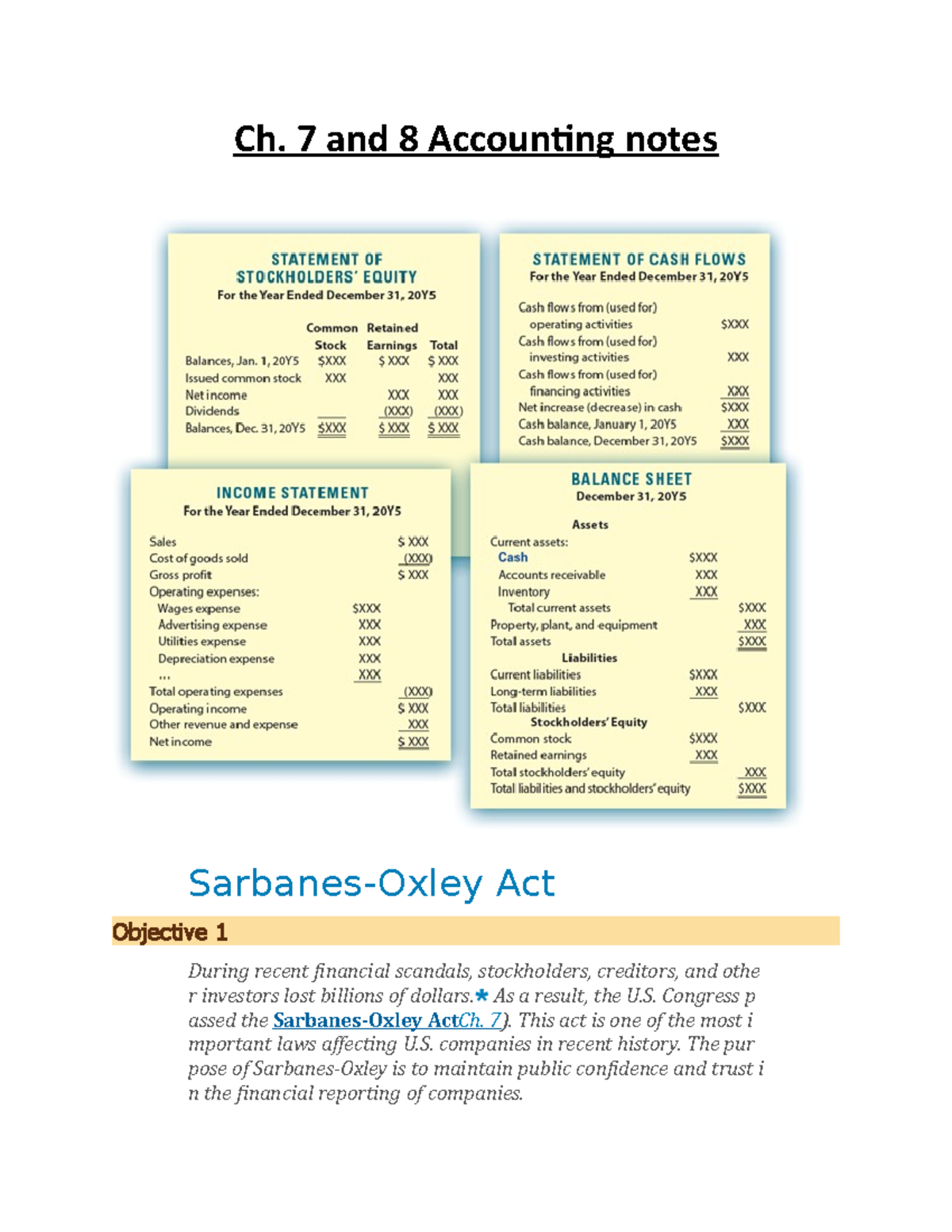 ACC-201 ch.7 and ch.8 notes - Ch. 7 and 8 Accounting notes Sarbanes ...