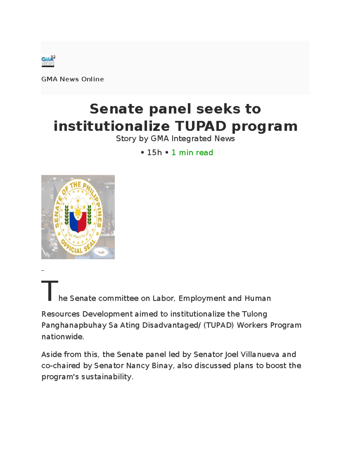 Institutionalize Tupad Program News - GMA News Online Senate panel ...