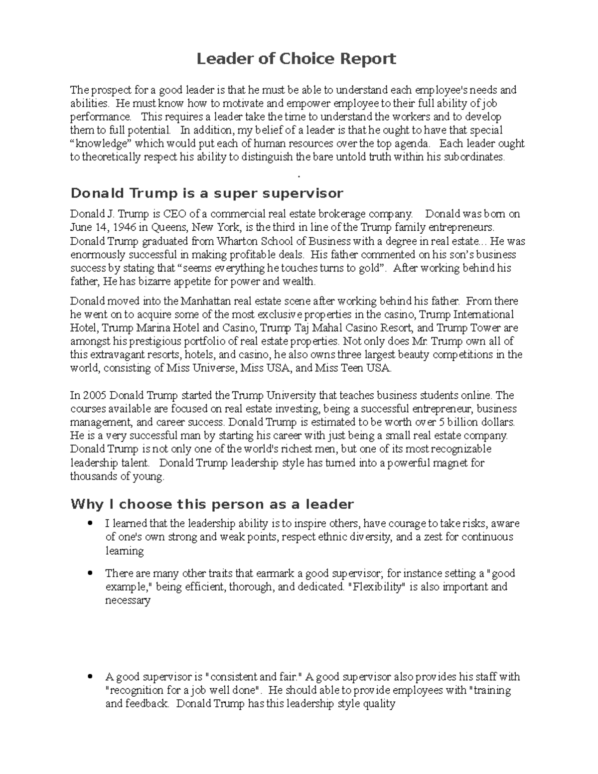 PE 548 Leader of choice paper - Leader of Choice Report The prospect ...