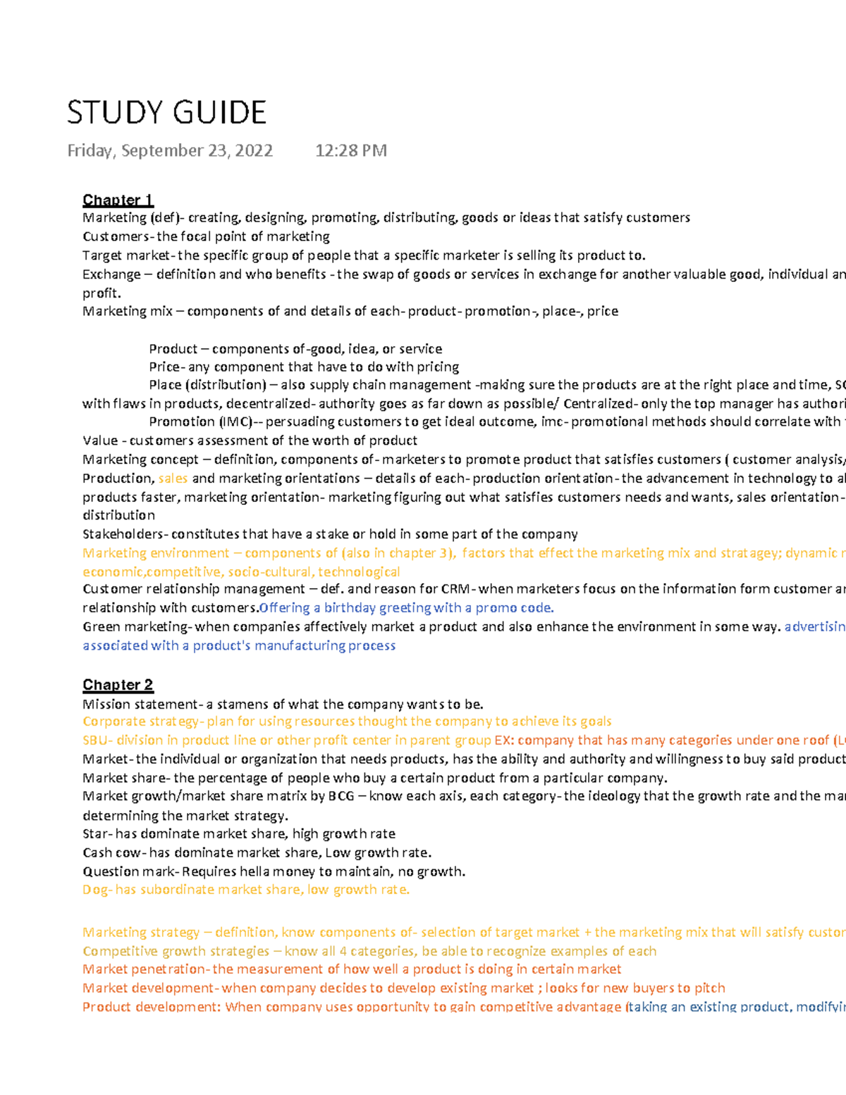 Study Guide - Chapter 1 Marketing (def)- creating, designing, promoting ...