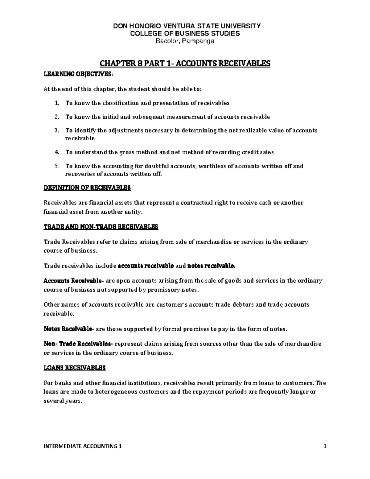 Accounts Receivables - Lecture notes 1 - COLLEGE OF BUSINESS STUDIES ...