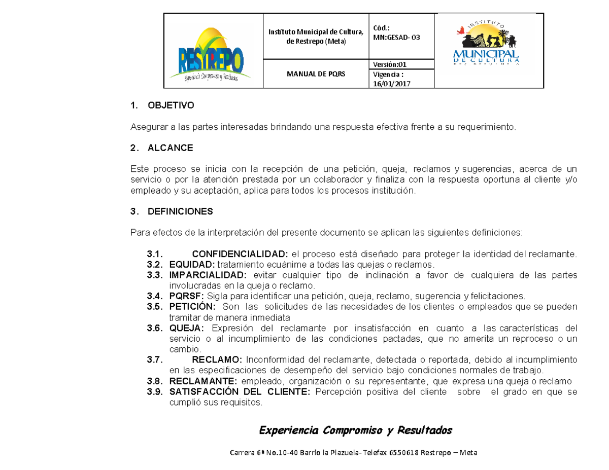 Manual PQRS 2017 - FORO DE TRABAJO - Instituto Municipal de Cultura, de ...