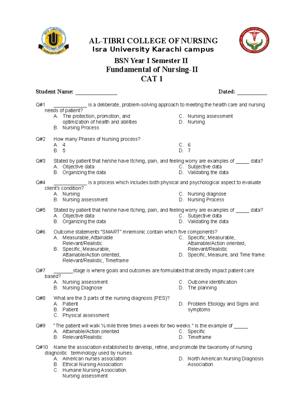 FON CAT 1 - Class assessment test is short quizzes for students - AL ...
