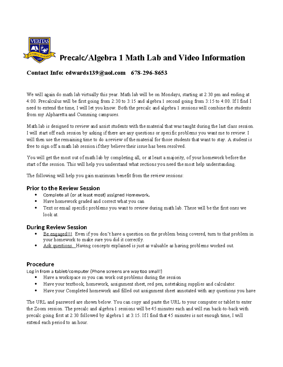 Math Lab Guidelines - Math - Precalc/Algebra 1 Math Lab and Video ...