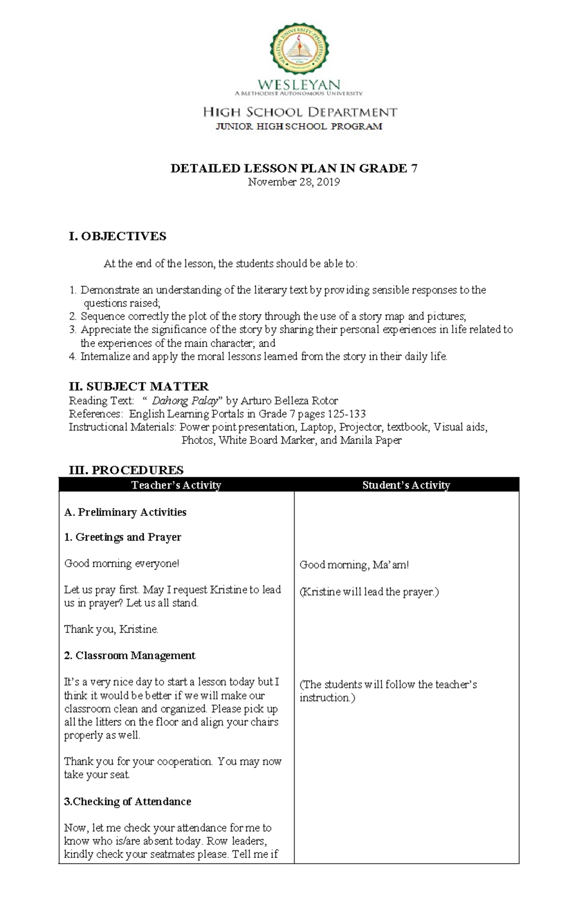 Ilide - DETAILED LESSON PLAN IN GRADE 7 November 28, 2019 I. OBJECTIVES ...