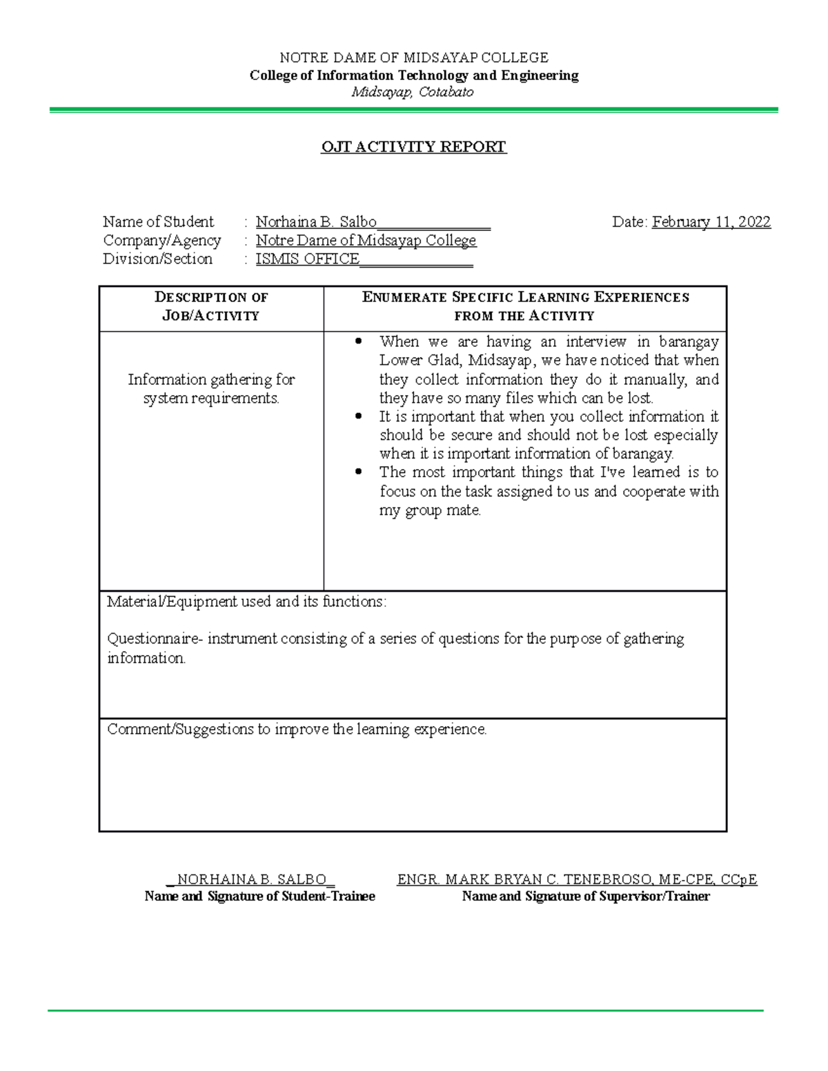OJT Activity Report 2 - College of Information Technology and ...