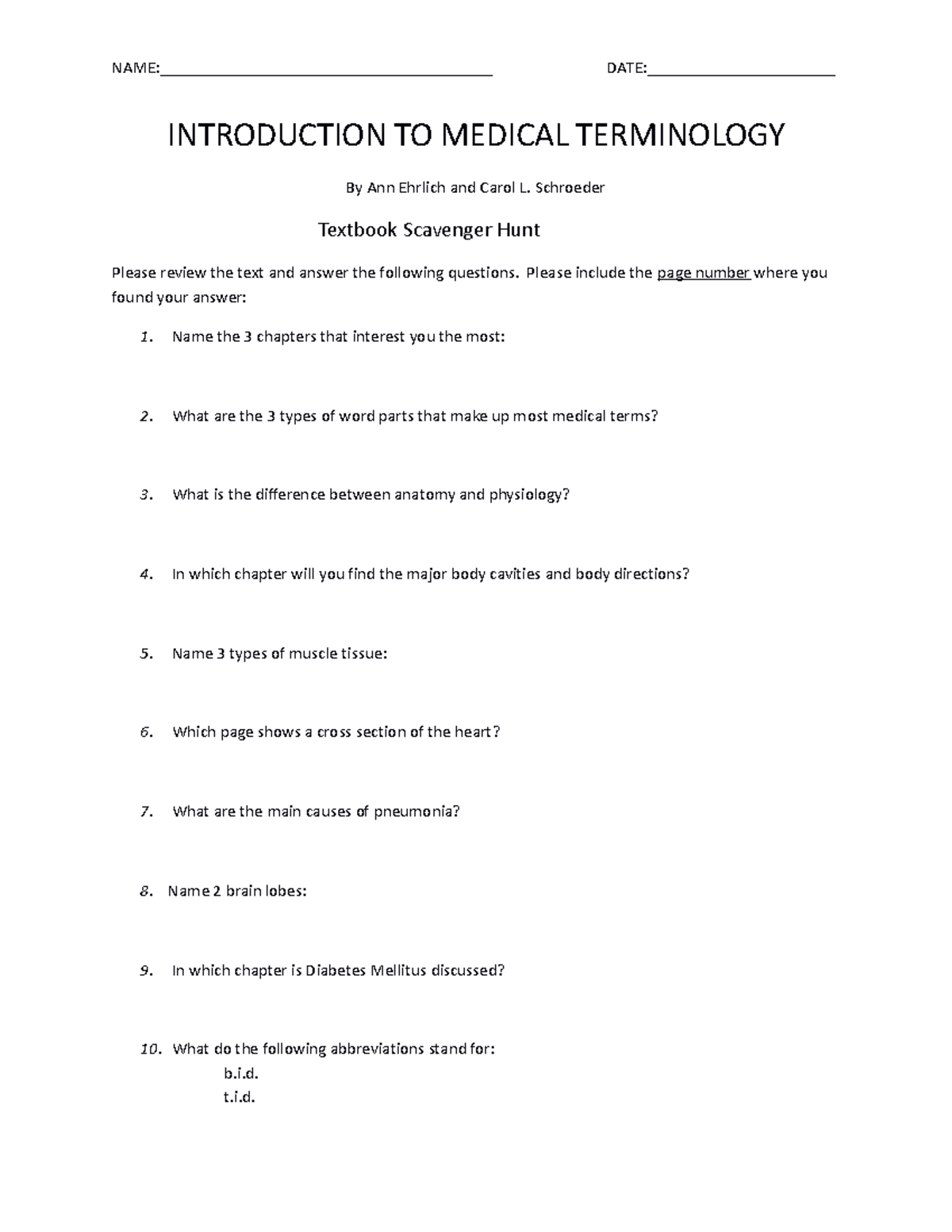 Introduction to medical terminology scavenger hunt - NAME