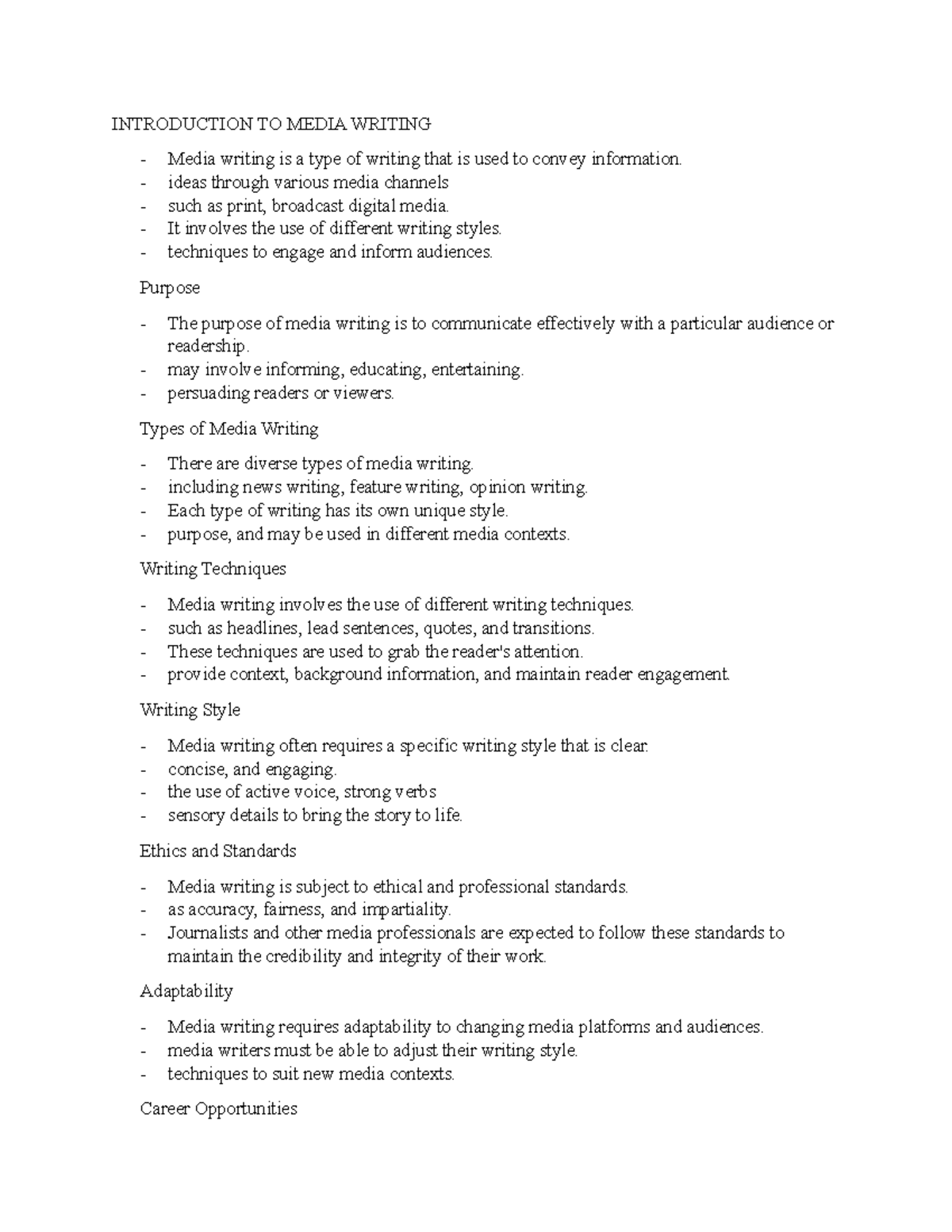 Introduction TO Media Writing Notes 1 - INTRODUCTION TO MEDIA WRITING ...