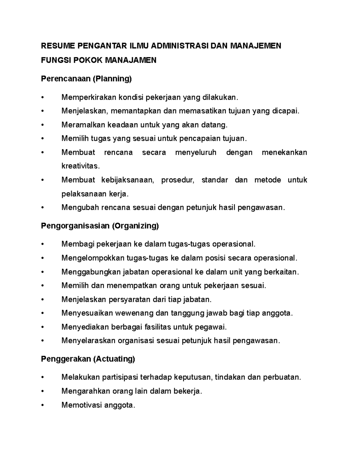 Fungsi Pokok Manajemen - RESUME PENGANTAR ILMU ADMINISTRASI DAN MANAJEMEN FUNGSI POKOK MANAJAMEN ...