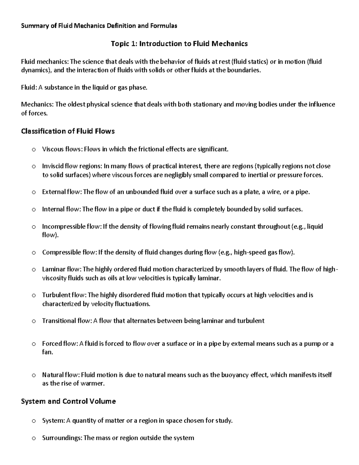 Introduction to Fluid Mechanics summary - Summary of Fluid Mechanics ...