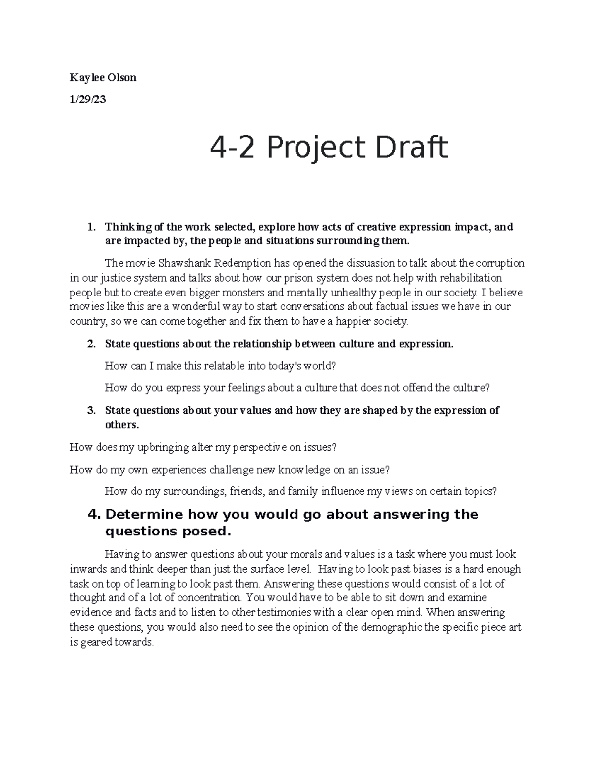 4-2 Project Draft - Kaylee Olson 1/29/ 4-2 Project Draft Thinking of ...