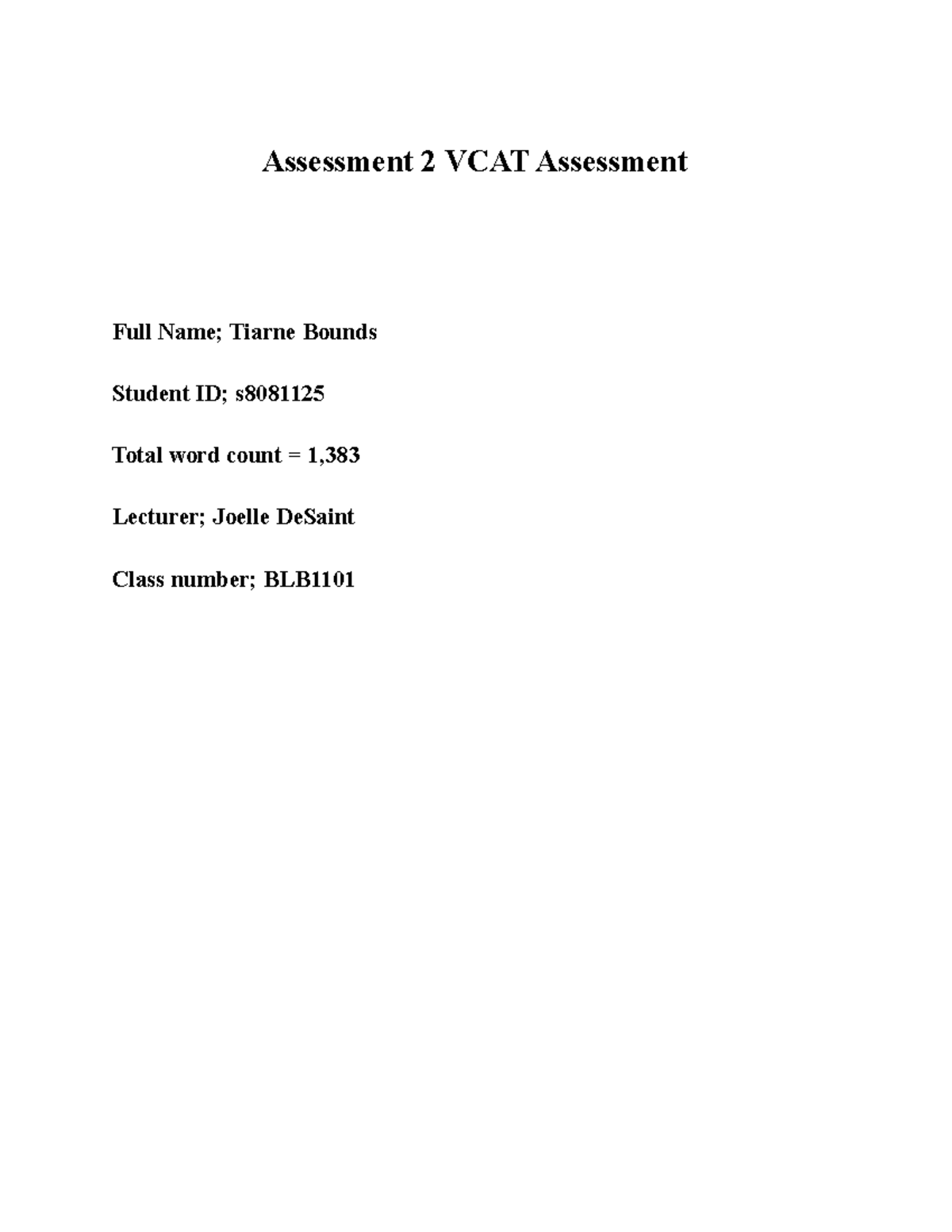 VCAT assessment-2 - vcat essay - Assessment 2 VCAT Assessment Full Name ...